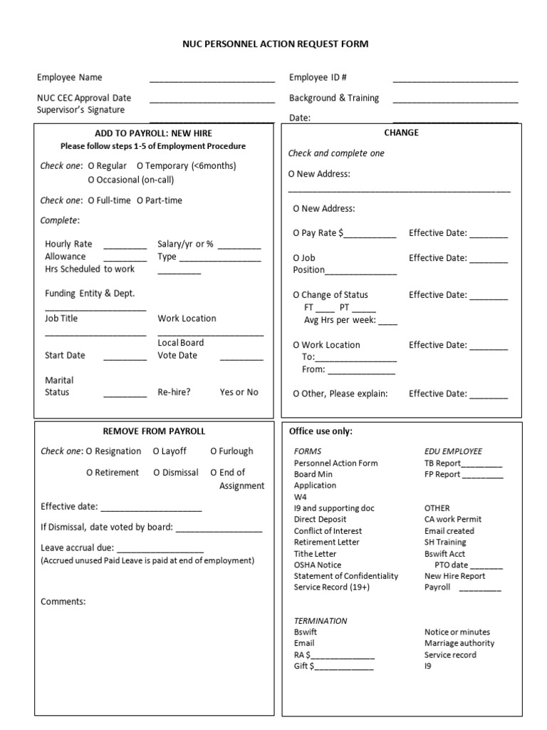 NUC Personnel Action Request Form | PDF