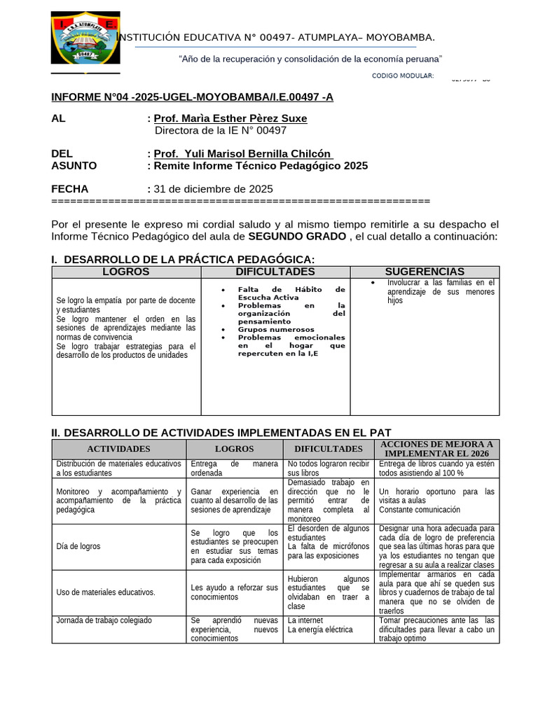 Informe Tecnico Pedagogico de Segundo Grado Secundaria -Comunicación | PDF | Comprensión lectora ...