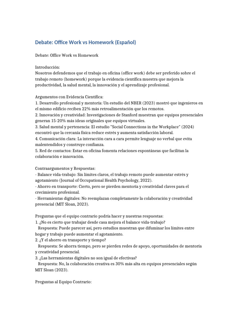 Debate Office vs Homework ES Completo | PDF | Creatividad | Sicología