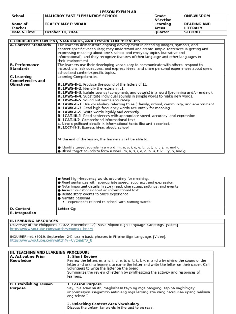 Reading and Literacy 1 Sample Lesson exemplar-W2-D4 | PDF | Vocabulary ...