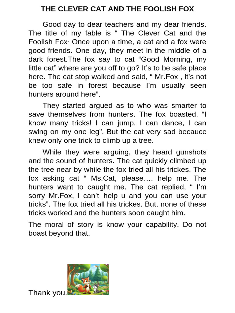 The Clever Cat and the Foolish Fox Fable | PDF