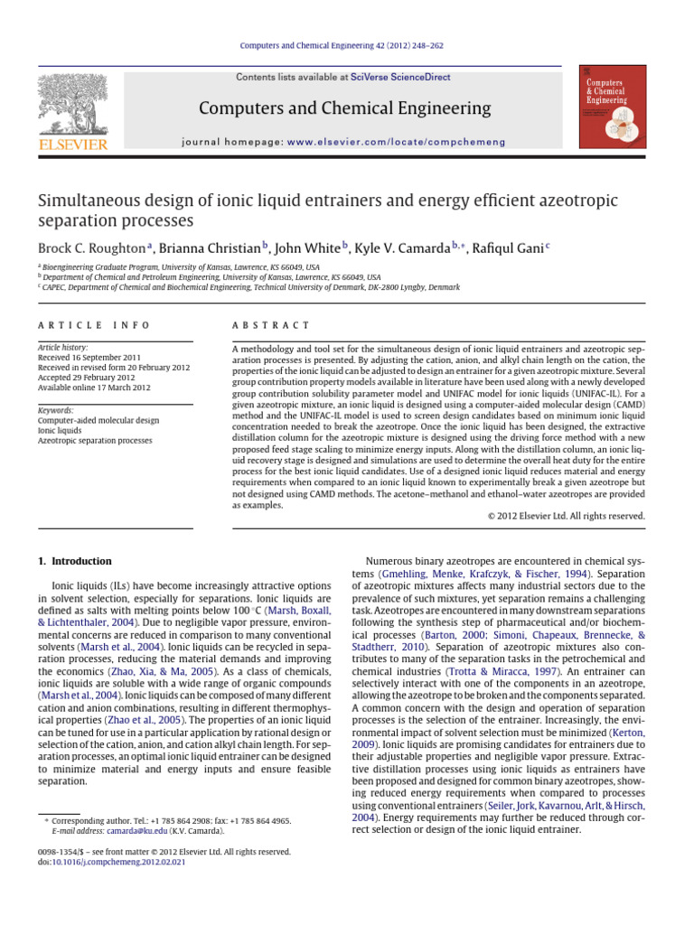 Simultaneous Design of Ionic Liquid Entrainers | PDF | Distillation ...