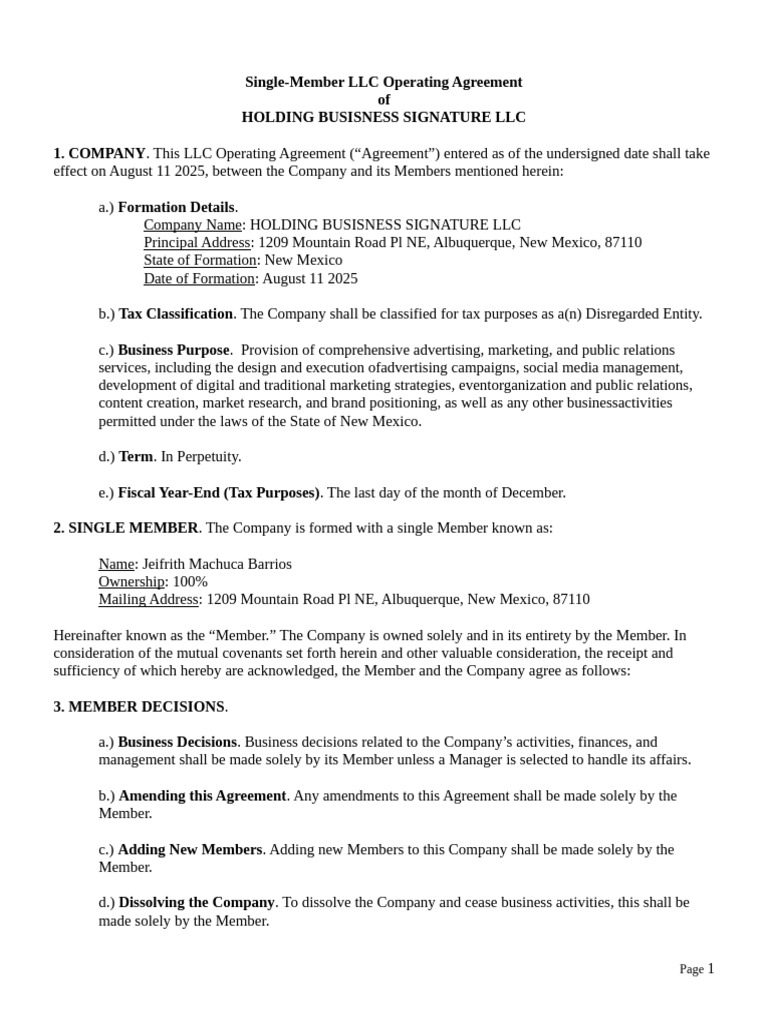 Single-Member LLC Operating Agreement | PDF | Indemnity | Limited ...