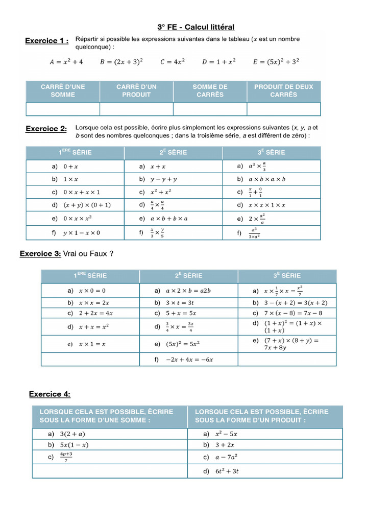 Exercices de calcul littéral en mathématiques | PDF | Somme ...