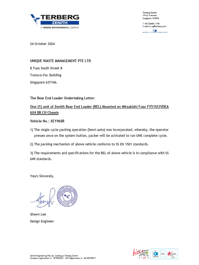 Letter of Undertaking - Unique Waste Management - XE1968R - SS649 | PDF