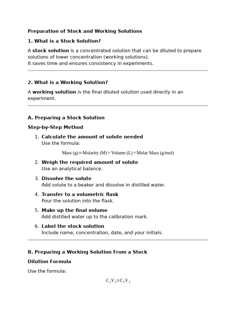 Preparation of Stock and Working Solution | PDF