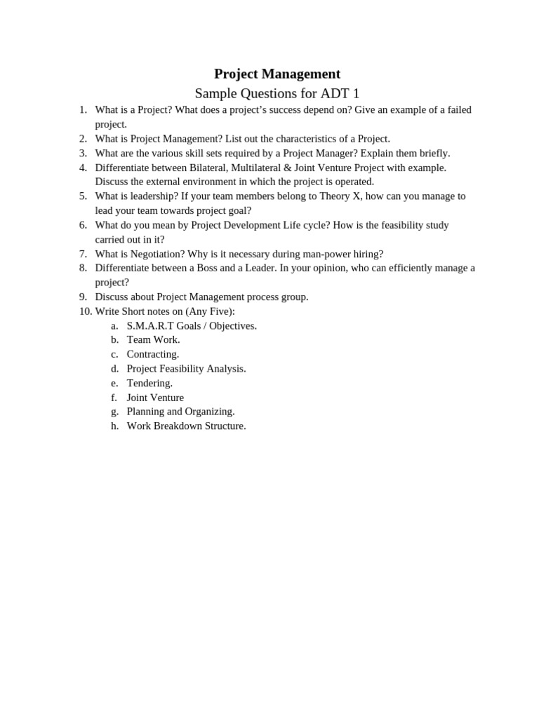 Project Management Sample Questions For ADT 1 | PDF | Project ...
