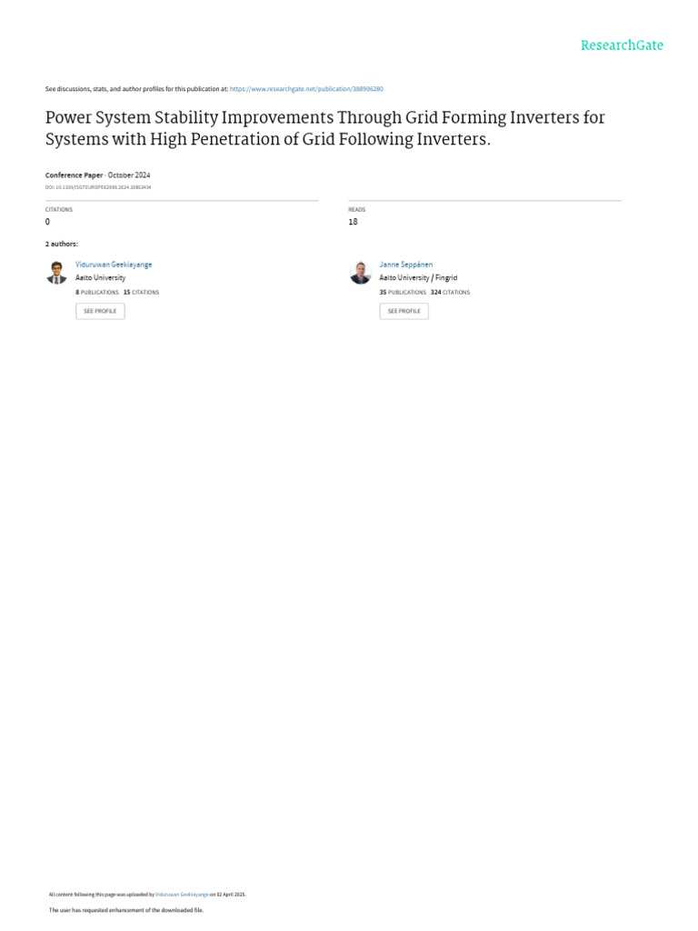 Power System Stability Improvements Through Grid Forming Invertersfor ...