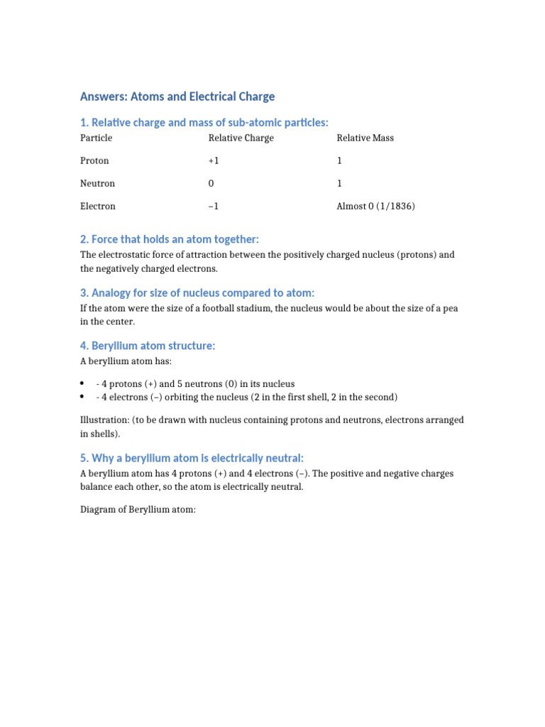 Atoms and Electrical Charge Answers With Diagram | PDF
