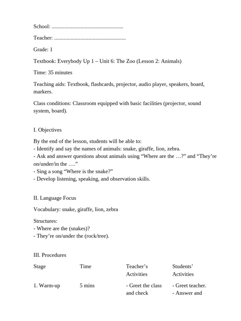 Grade 1 Zoo Animals Lesson Plan | PDF | Teachers | Cognition