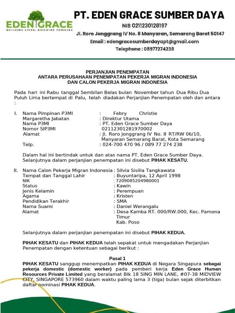 Perjanjian Penempatan Pekerja Migran | PDF