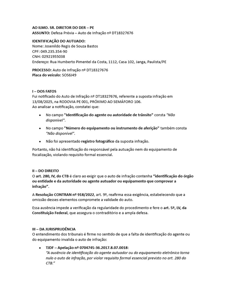 Defesa Prévia Auto de Infração DT18327676 | PDF | Justiça | Crime e ...