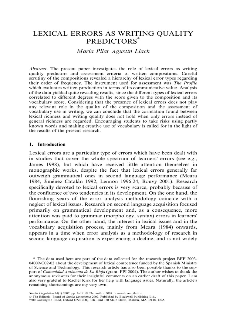 Lexical Errors and Writing Quality | PDF | Vocabulary | English As A ...