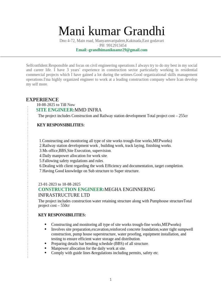 Civil Engineer Resume - Mani Kumar Grandhi | PDF