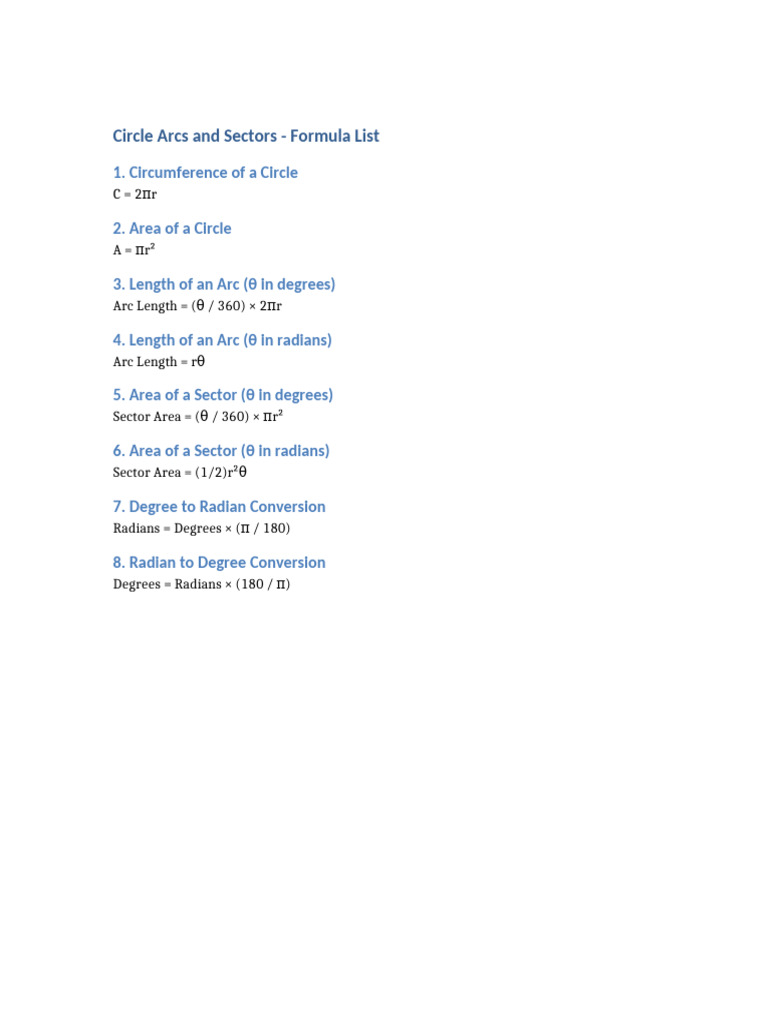 Circle Arcs Sectors Formula List | PDF