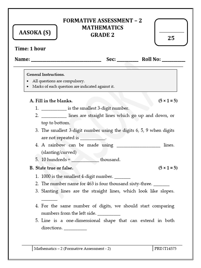 Grade 2 Mathematics Formative Assessment | PDF | Mathematics