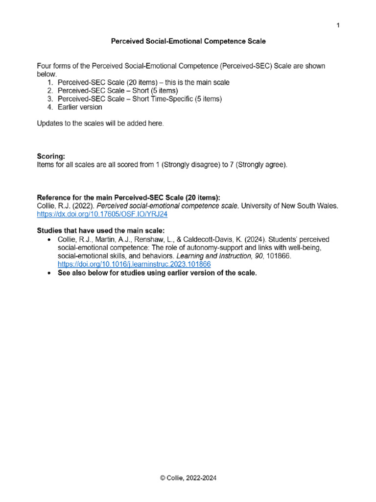 OSF - Collie 2022 - Perceived Social-Emotional Competence Scale | PDF