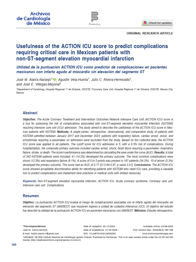 Usefulness of The ACTION ICU Score To Predict Complications Requiring ...