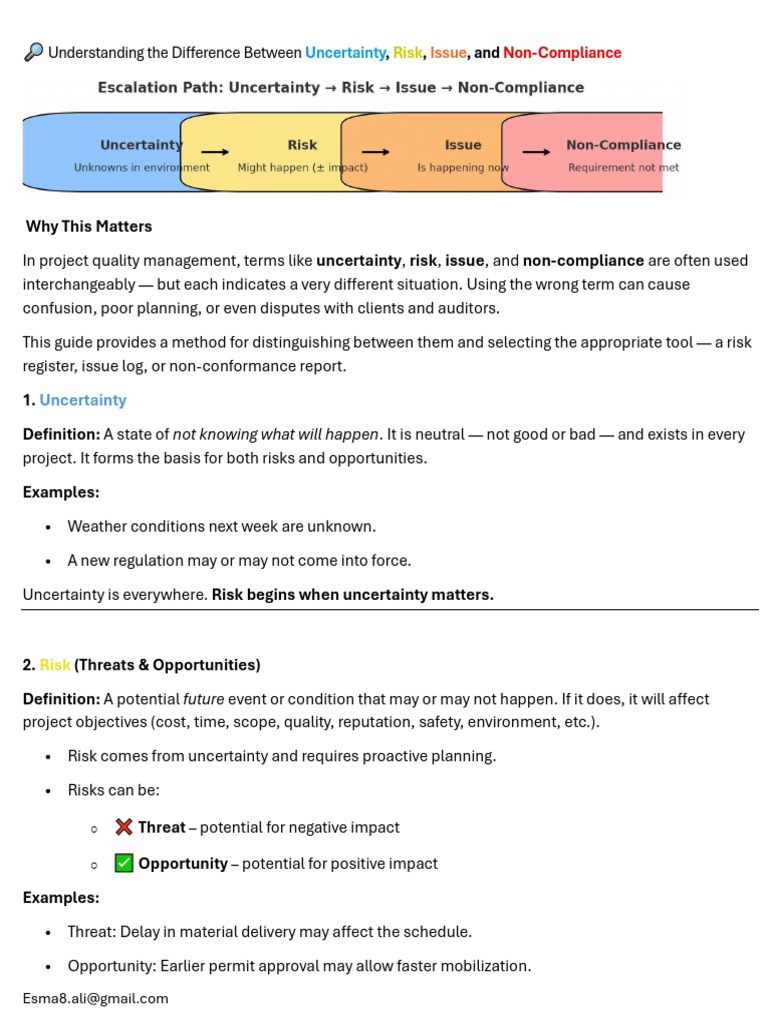 Uncertainty, Risk, Issue, Non-Compliance Explained | PDF | Risk ...