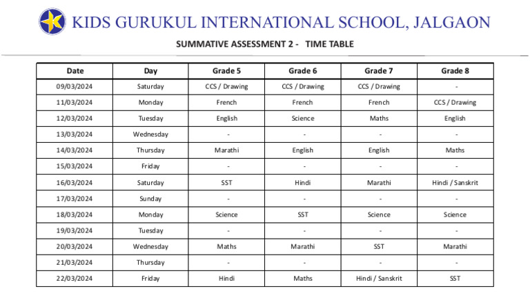 SA 2 Time Table Grade 5 To 8 | PDF