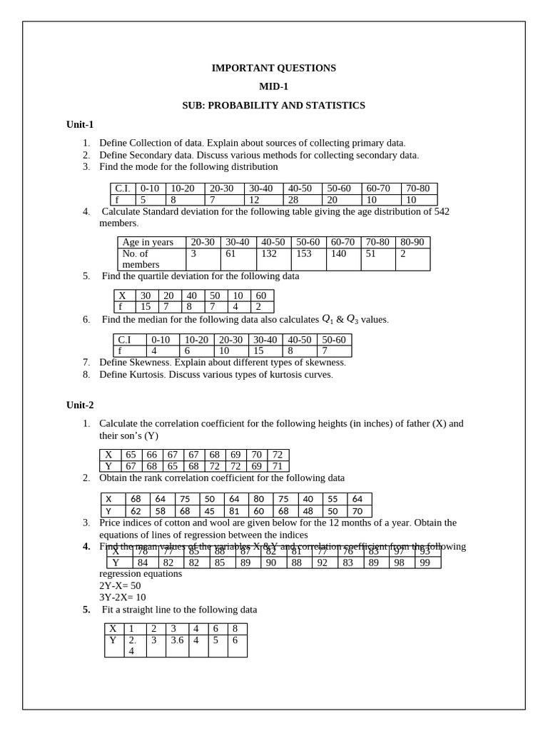 Probability and Statistics Questions Guide | PDF | Skewness ...
