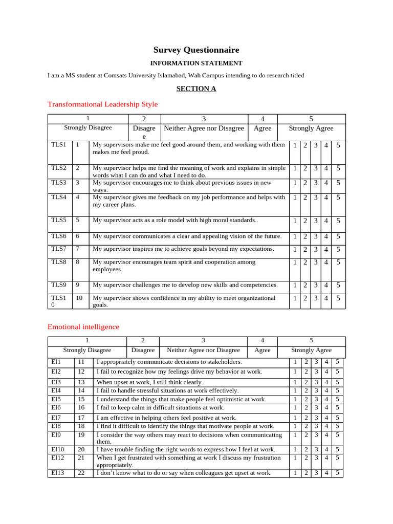 Questionnaire Format | PDF | Transformational Leadership | Social ...