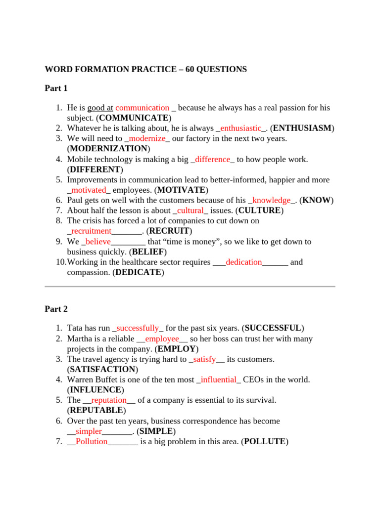 Word Formation Practice: 60 Questions | PDF | Social Psychology