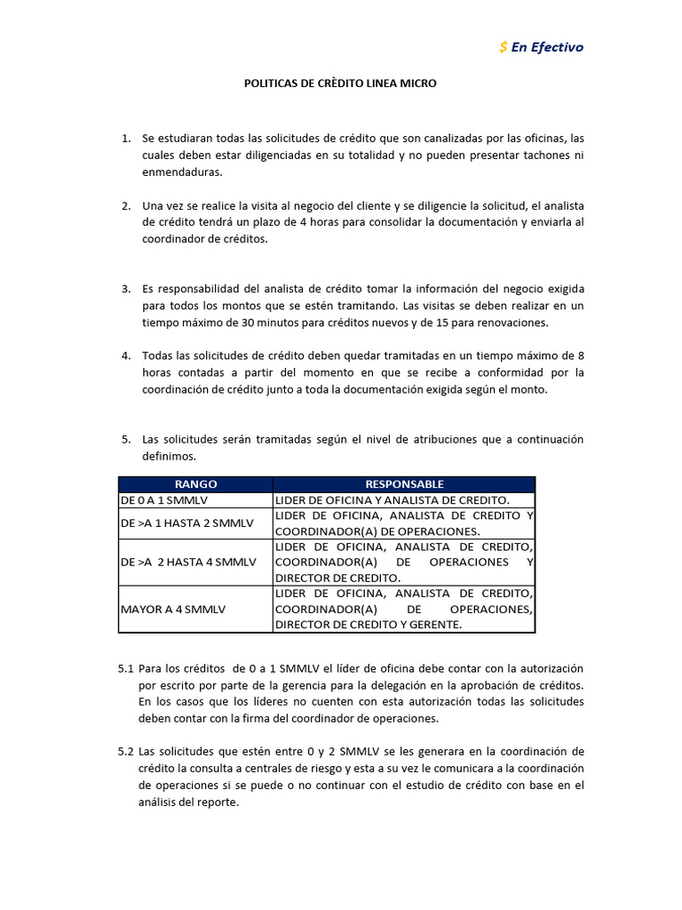 Politicas de Credito Linea Micro | PDF