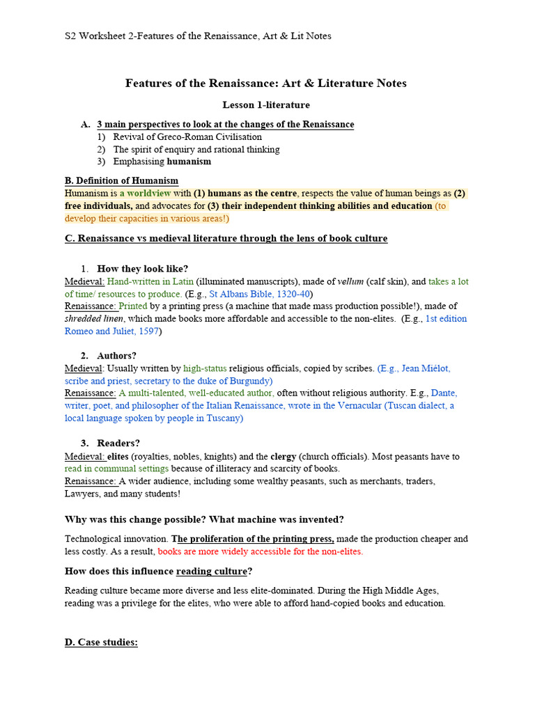 S2 Worksheet 2-Features of the Renaissance, Art and Literature Answers ...