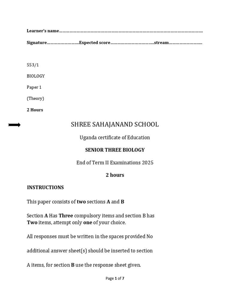 Senior Three Biology Exam Paper 2025 | PDF | Blood Type | Cough