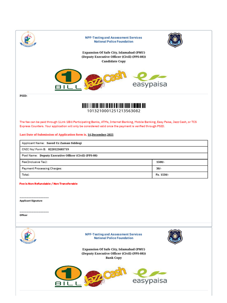 NPF-TAS (Job Portal) Safe City | PDF | Fee | Payments