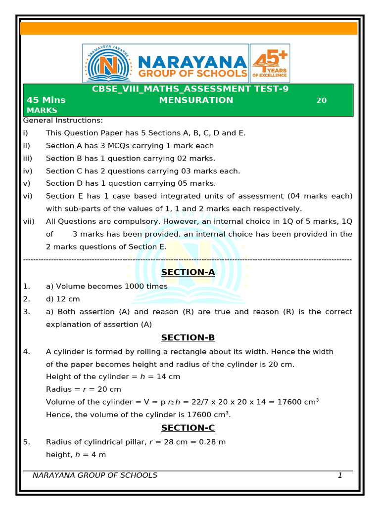 CBSE Class 8 Maths Test on Mensuration | PDF | Area | Volume