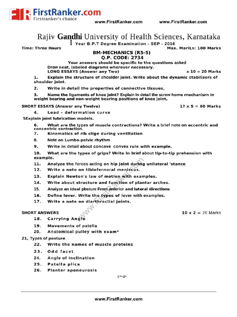 Biomechanics First Year Last 5 Year Question Paper Letslearnwithkavya | PDF
