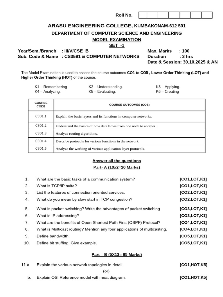 model question paper I CSE B SET 1 | PDF | Computer Network | Routing