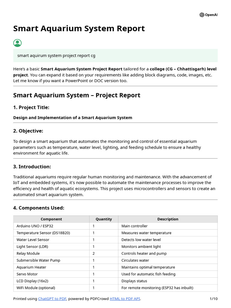Smart Aquarium System Report | PDF | Arduino | Automation