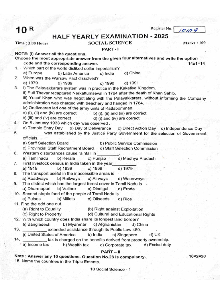 10th Social Science EM - Half Yearly Exam 2025 - Original Question ...
