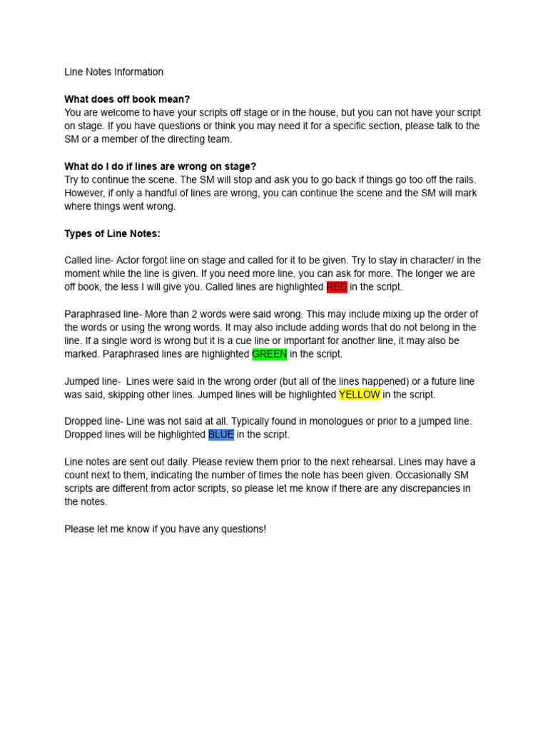 Understanding Line Notes in Theatre | PDF