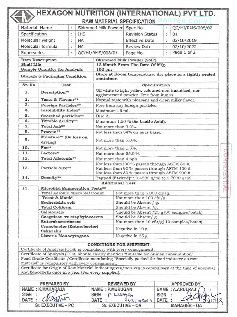 Skimmed Milk Powder (SMP) | PDF