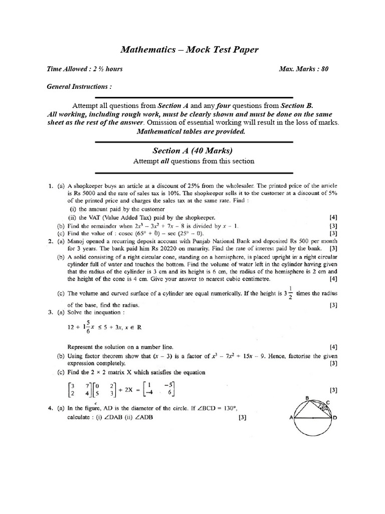 Mathematics Mock Test Paper Guide | PDF