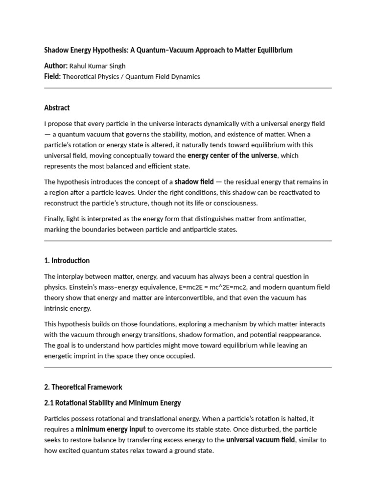 Shadow Energy Hypothesis in Quantum Physics | PDF | Matter | Light