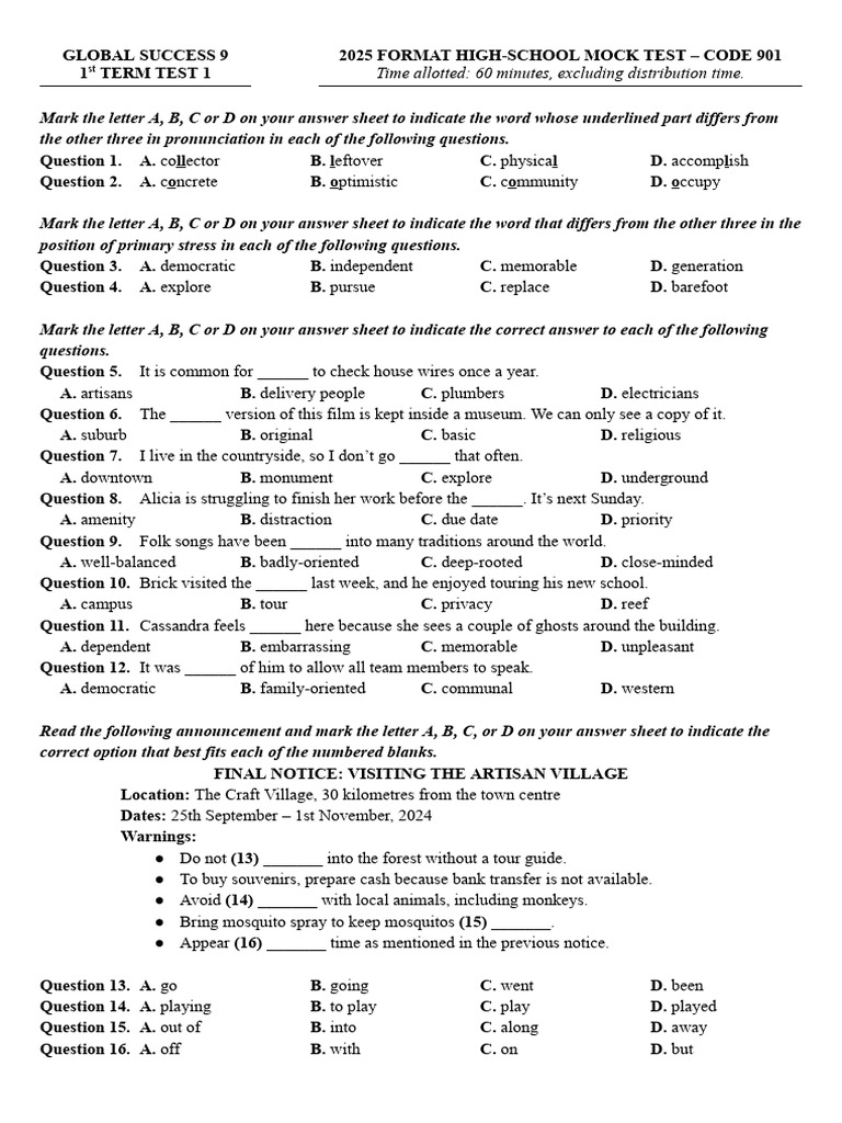 Sample - Form 2025 - 1st Semester Test - Global Success 9-1760326170 ...