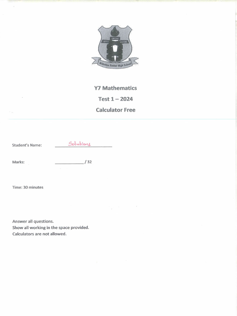 2024 y7 Test 1 Answer | PDF
