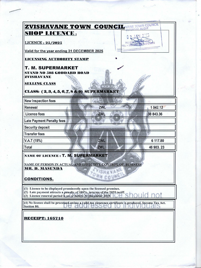 Zvishavane Shop Licence | PDF