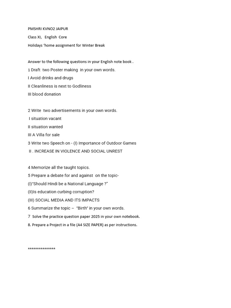 Holidays' Home Work For Autumn Break 2025-XI | PDF