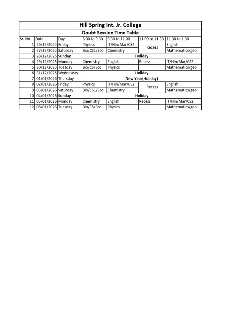 Doubt Session Time Table | PDF