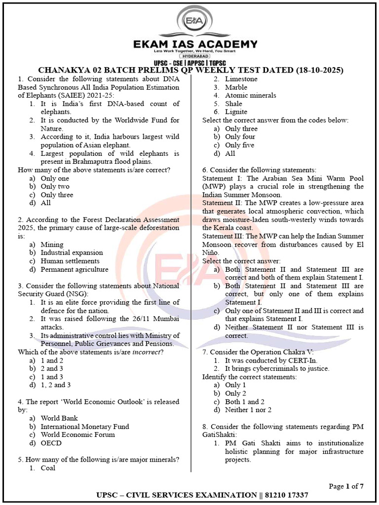 Chanakya 02 Batch Prelims and Mains Qp Weekly Test Dated 18-10-2025 ...