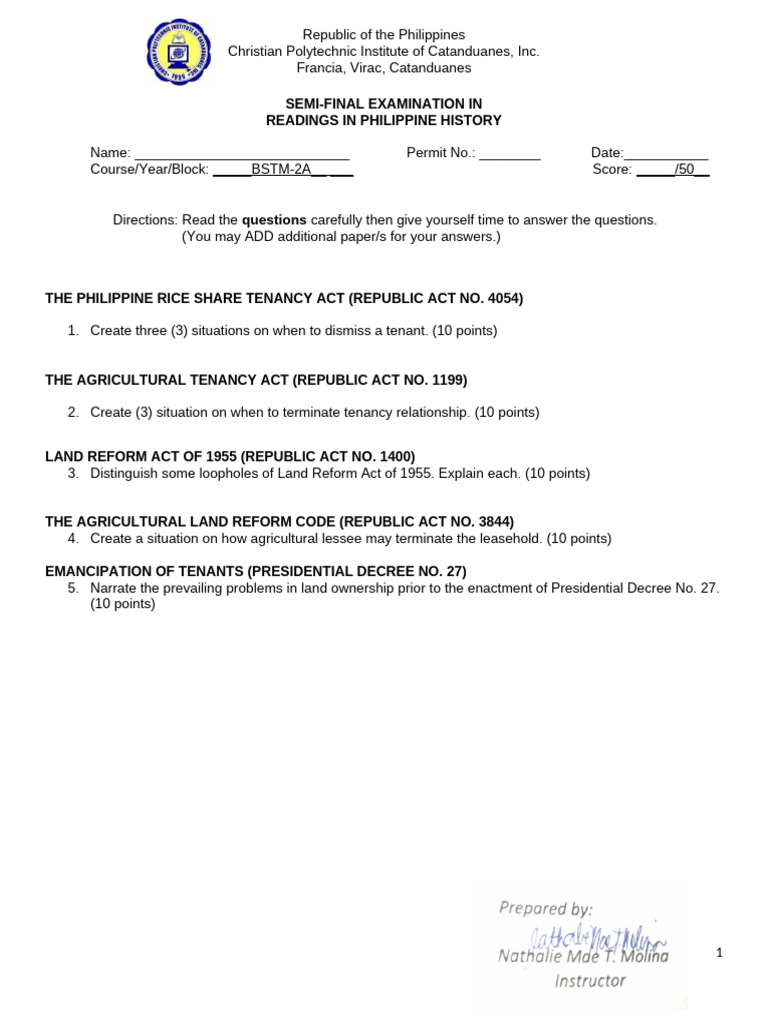 Semi Final Examination in RPH BSTM 2a | PDF