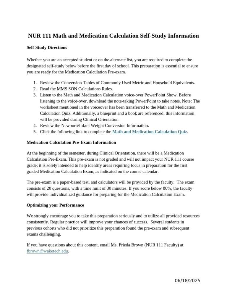 Directions for Math and Medication Calculation Self-Study | PDF