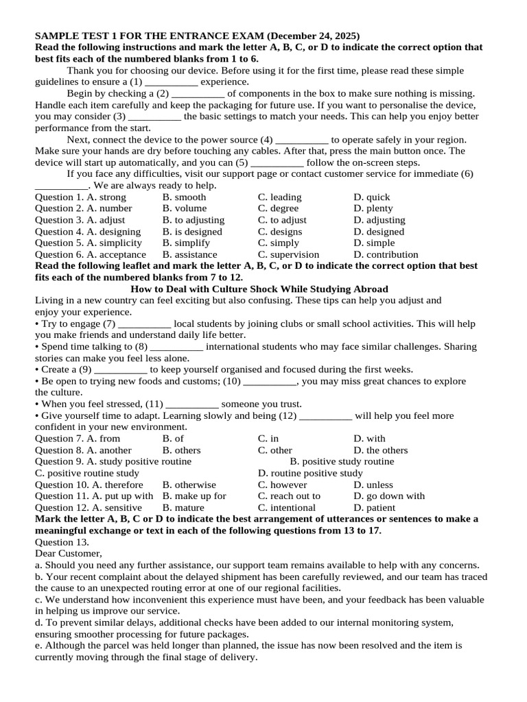 Sample Test 1 for the Entrance Exam (2412) | PDF | Agriculture | Weather