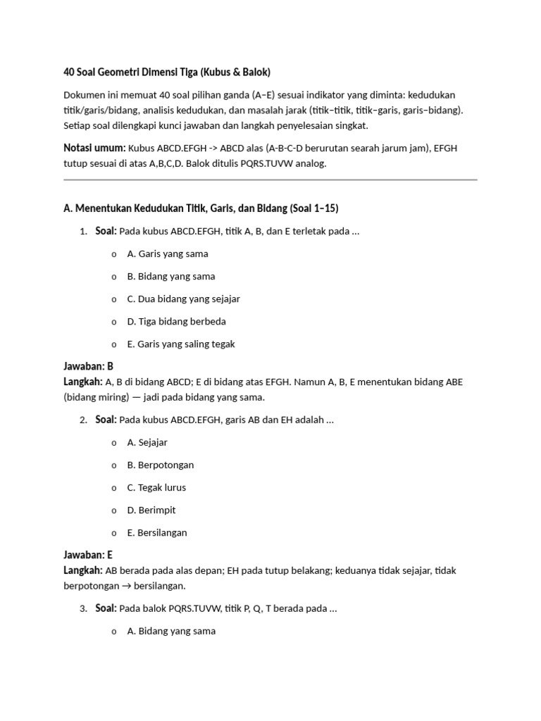 40 Soal Geometri Dimensi Tiga | PDF